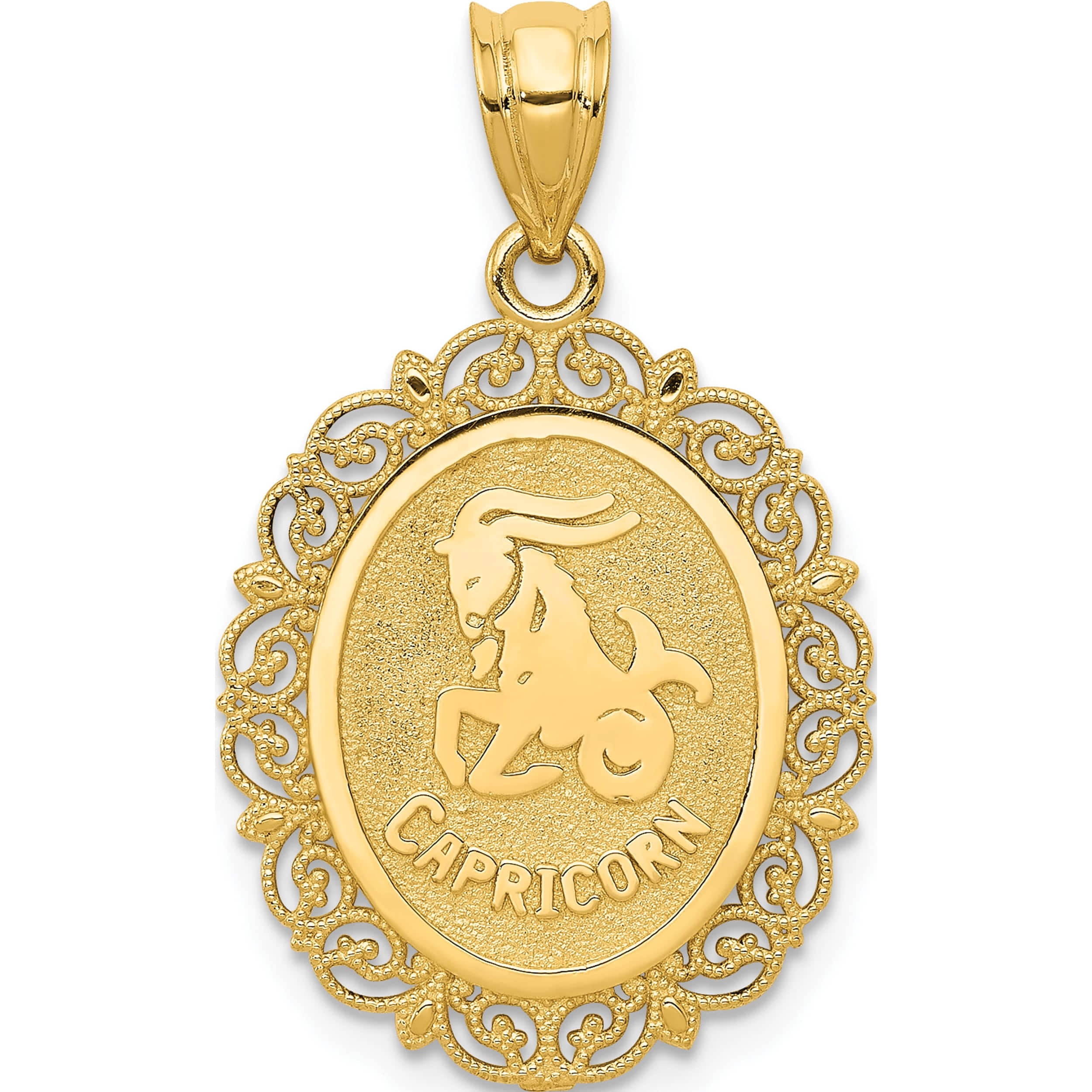 14K Yellow Gold Solid Satin Polished Capricorn Zodiac Oval Pendant (28 ...