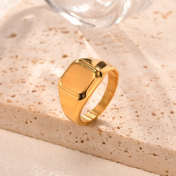 14K Yellow Gold Square Signet Ring for Men Women,Golden Color Ring ...