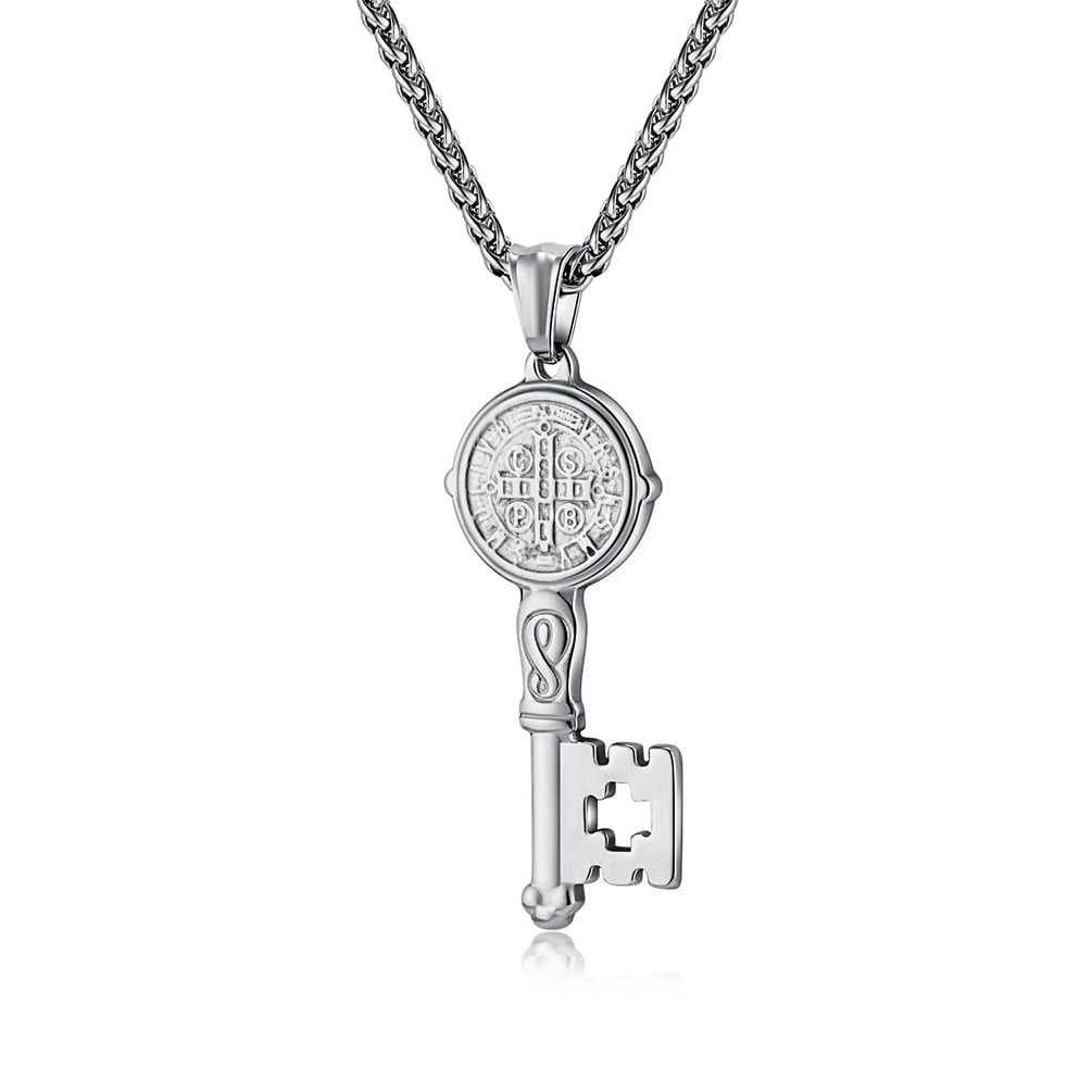 14K Yellow Gold St Benedict Medal Key Necklace For Women Golden/Silver ...