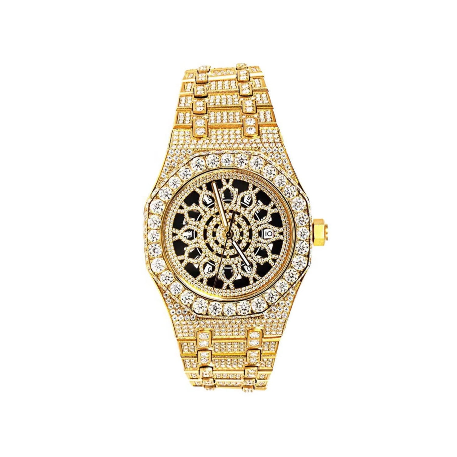 14K Yellow Gold Tone Stainless Steel 41MM Moissanite Skeleton Dial Mens ...