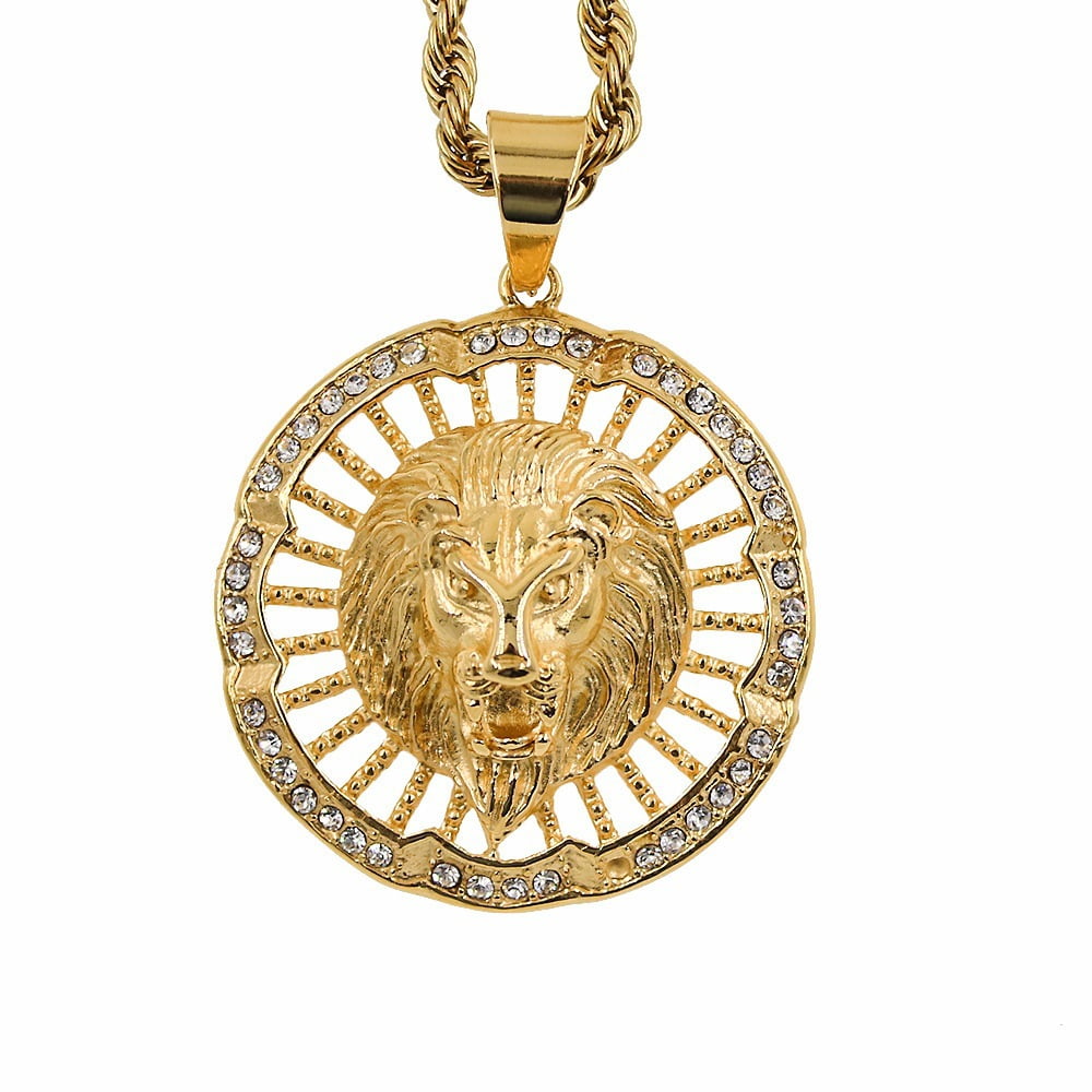 14K Yellow Gold Vintage Round Lions Head Fire Hip Hop Pendant Collar ...