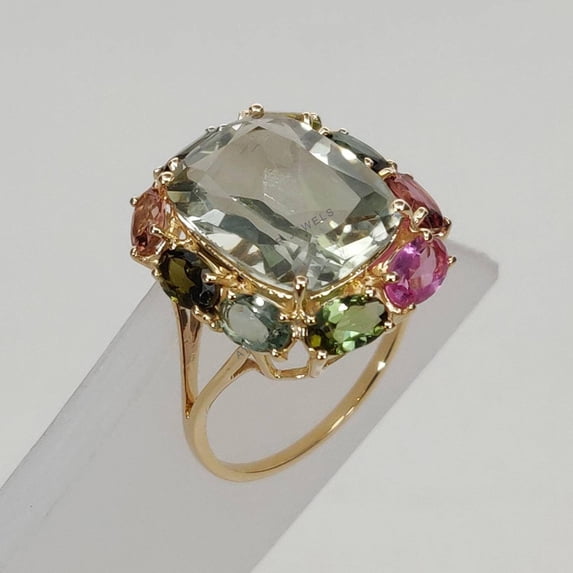 14K Yellow Solid Gold Gemstone Ring, Natural Multi Tourmaline Green ...