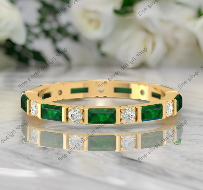 14K plated Emerald and Diamond Alternating Band, Genuine Half Eternity ...