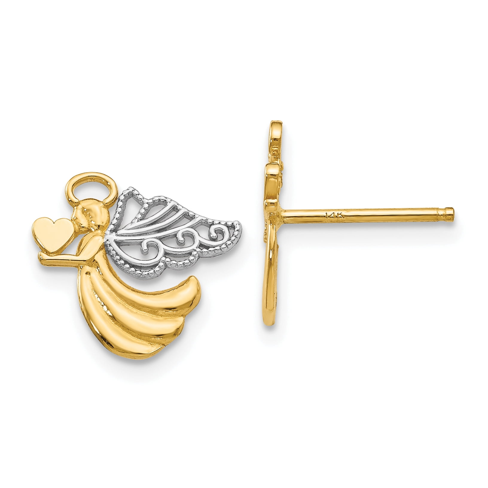 14K w/Rhodium Angel With Heart Post Earrings 14k Yellow Gold Earrings ...