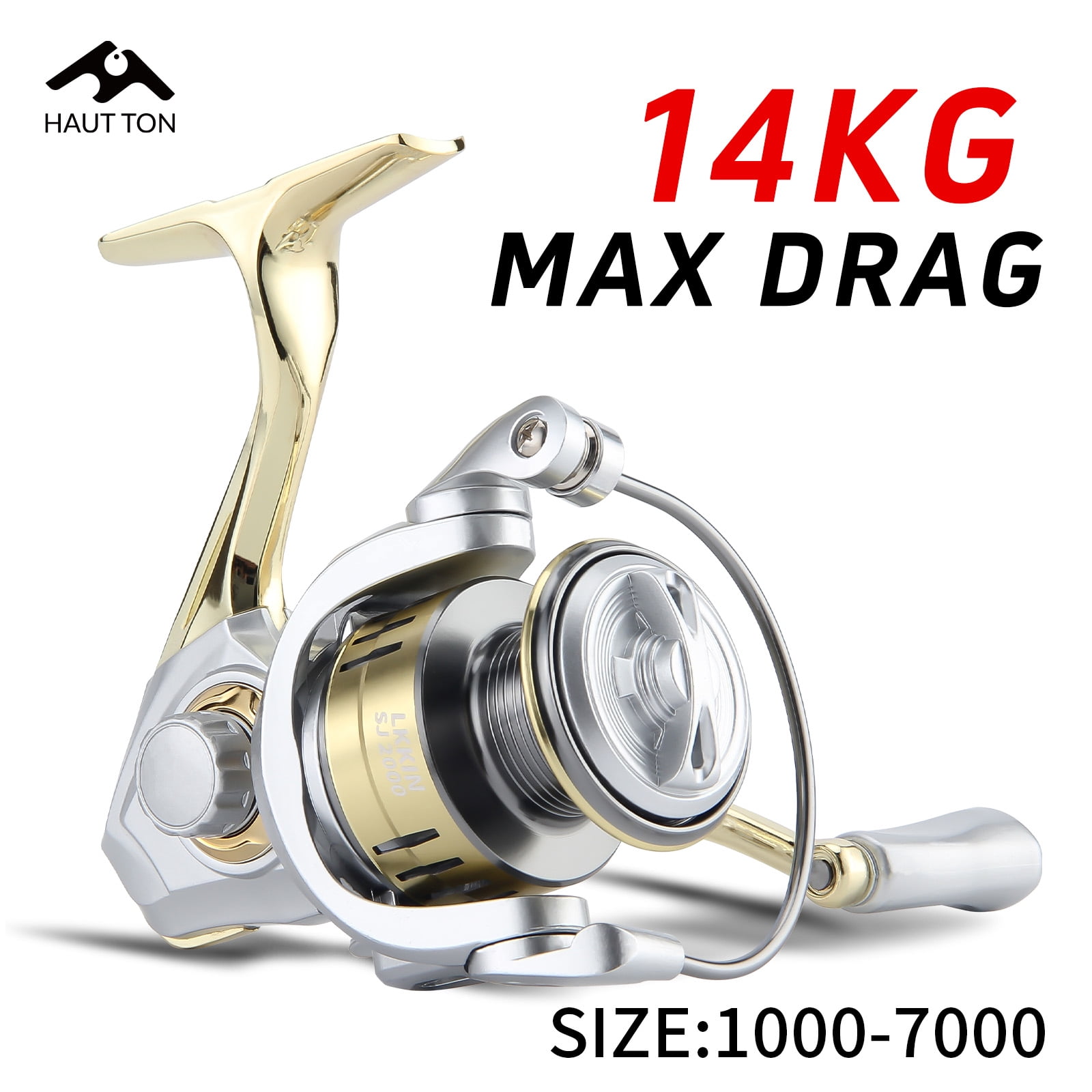14KG Max Drag Golden Spinning Fishing Reel, 5.2:1 Gear Ratio, Metal ...