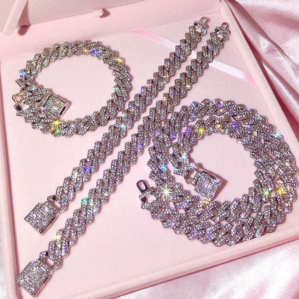 14MM Bling Iced Out Rhinestone Cuban Link Chain Necklace for Women Men ...