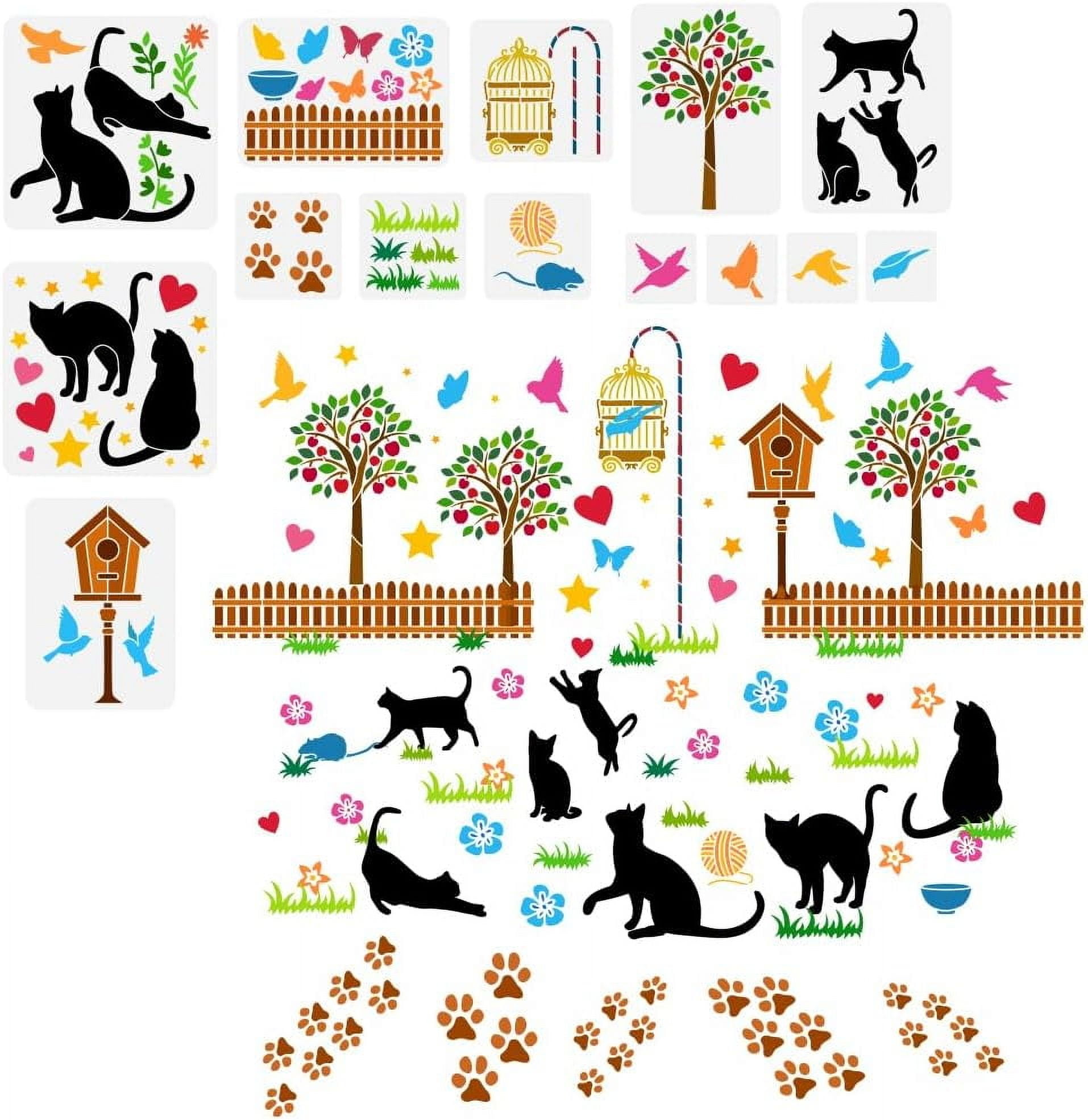 14PCS Cats Garden Stencil for Painting Cats Trees Bulwarks Drawing ...