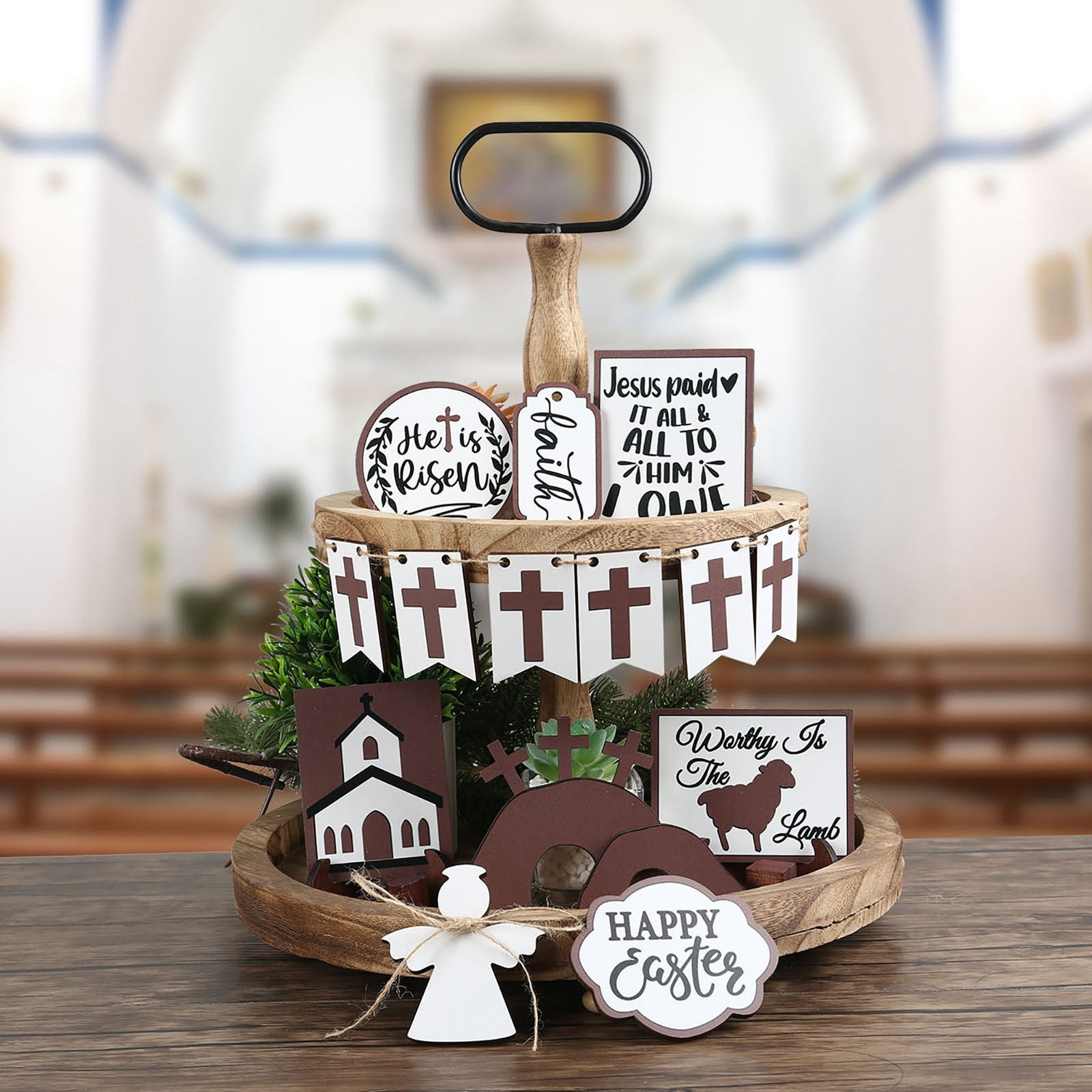 14PCS Easter Tiered Tray Decor He is Risen Cross Table Wood Signs Happy ...