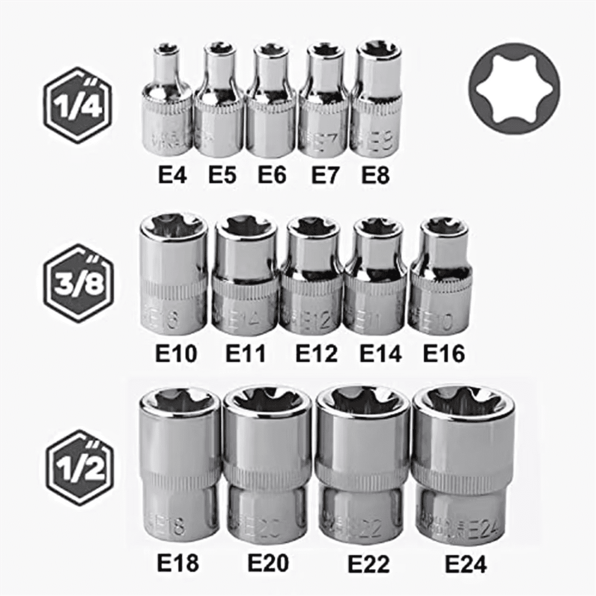 14PCS Female E Star Torx Socket Set E4-E24 E-Torx External Hex Socket ...