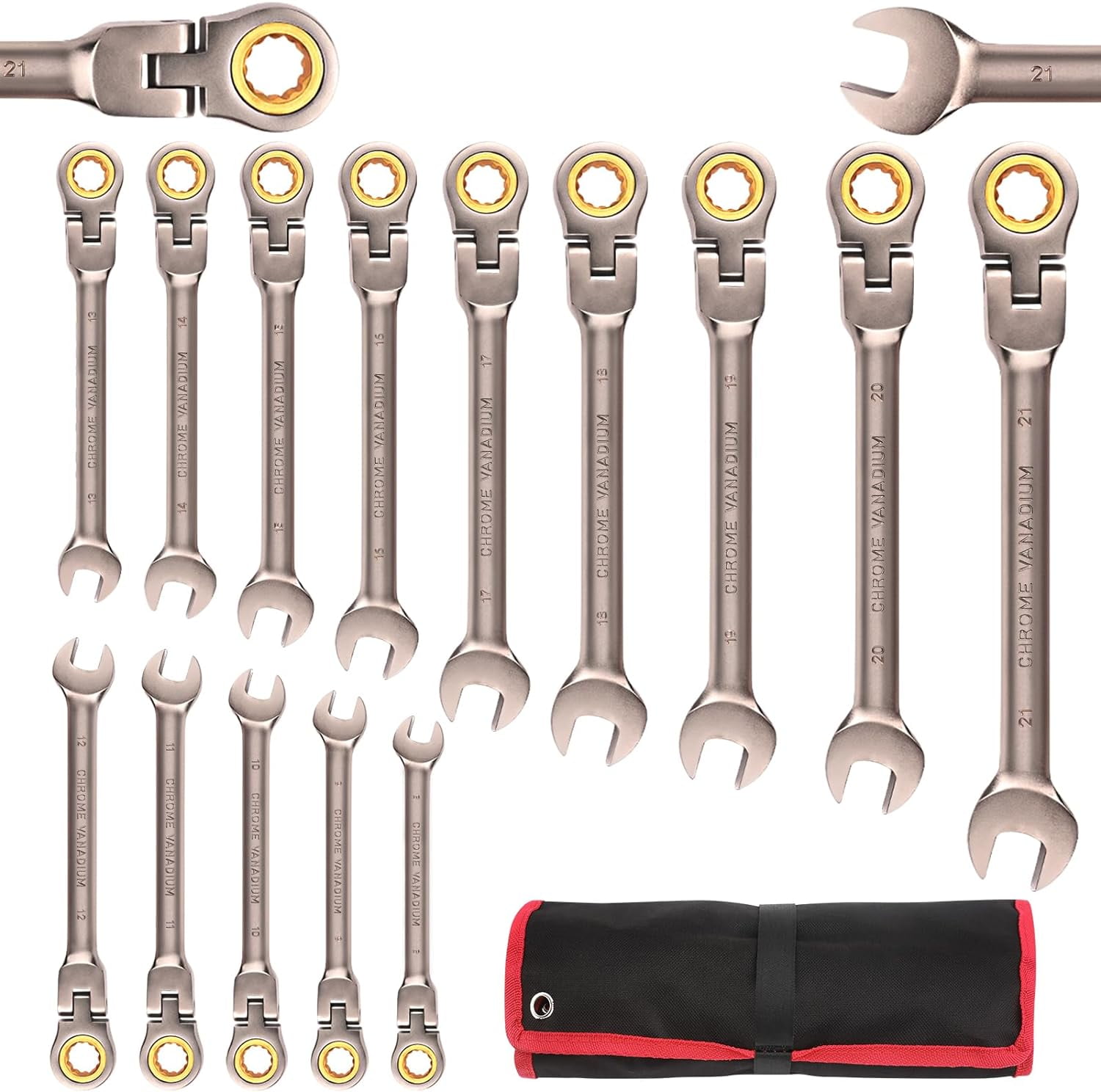 14PCS Flex-Head Ratcheting Wrench Set, Metric 8-21mm Ratchet ...