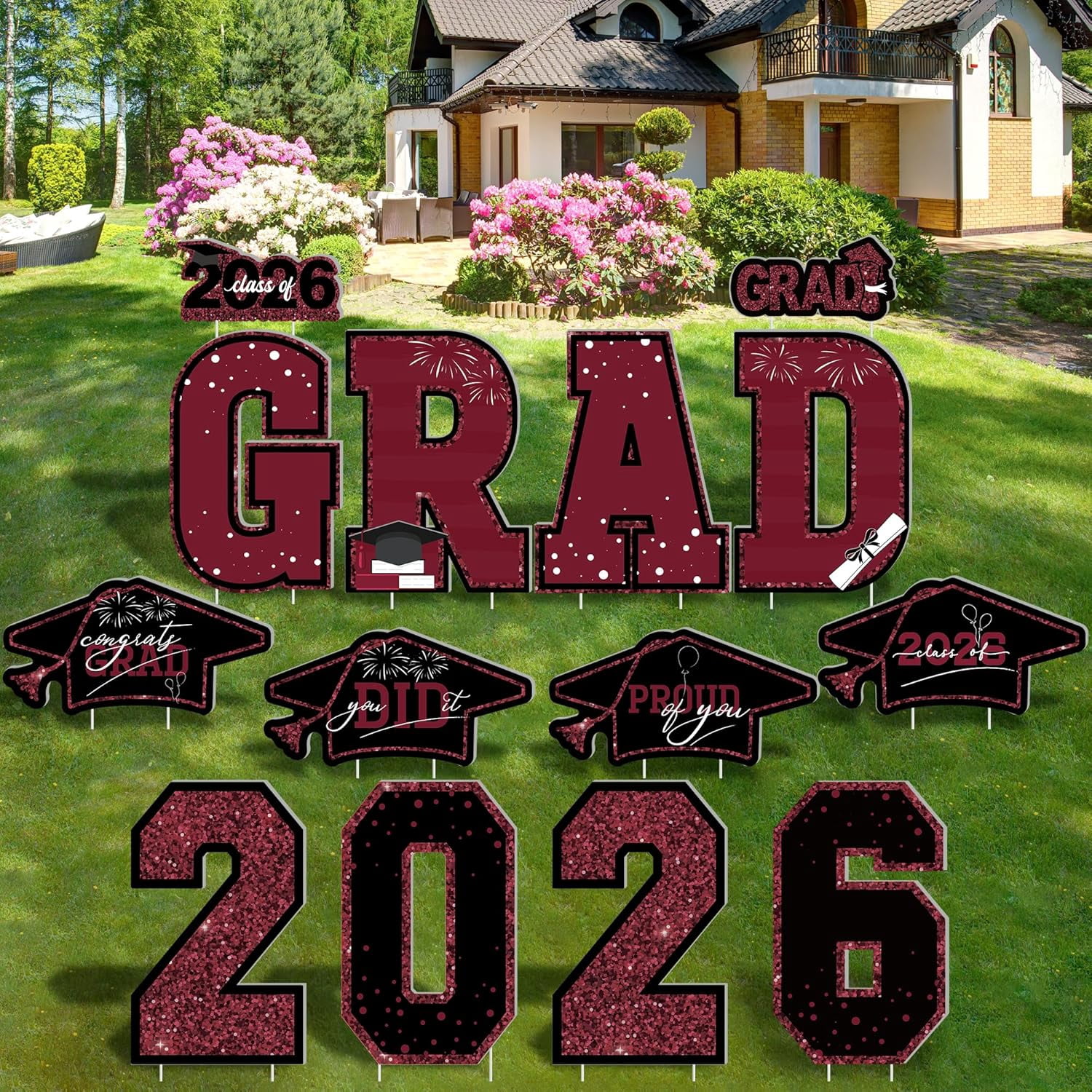 14PCS Graduation Yard Signs Class of 2026, Black Gold Graduation ...