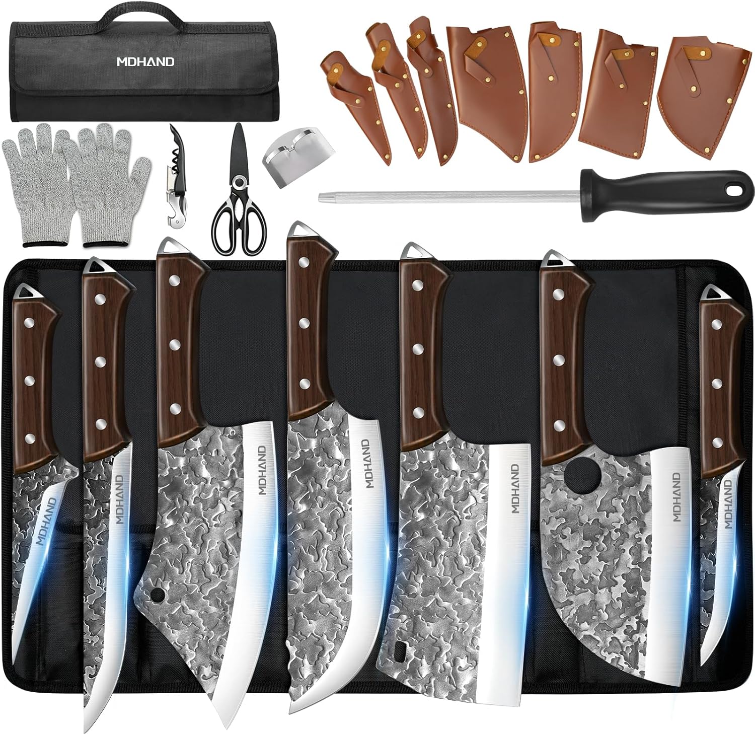 14PCS Professional Butcher Knife Set with Roll Bag, Heavy Duty Meat ...