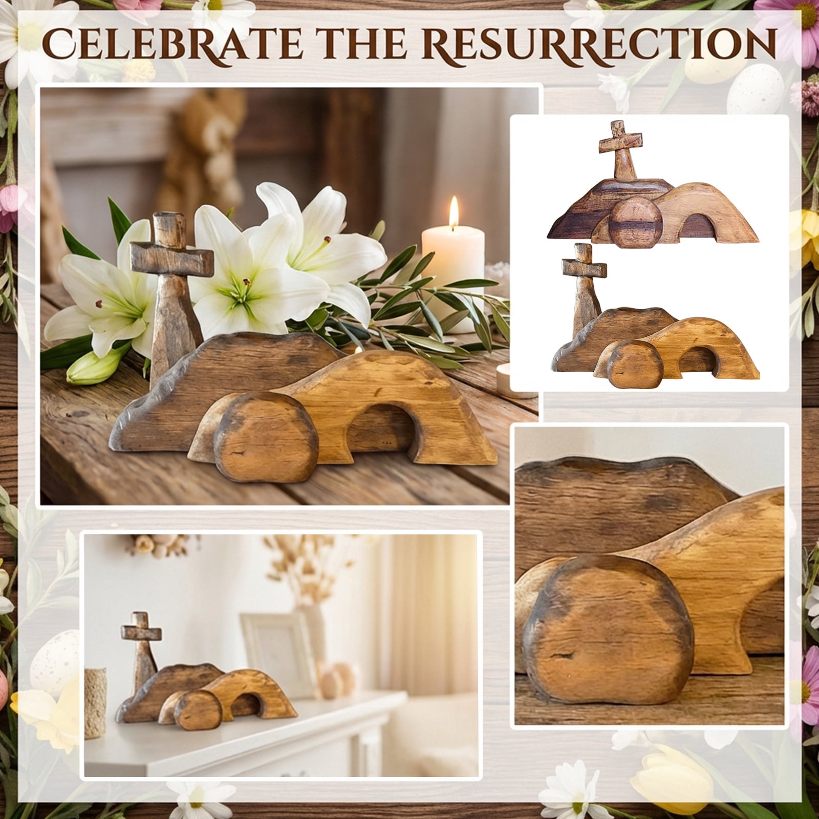 14PCS easter decorations wooden cross resurrection scene decor 9.84in ...