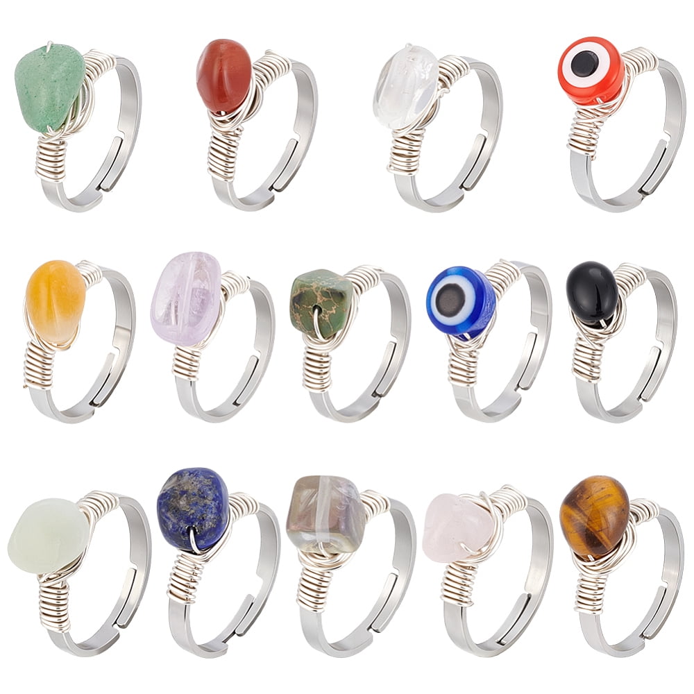 14Pcs 14 Styles 304 Stainless Steel & Gemstone Chip & Resin Finger ...
