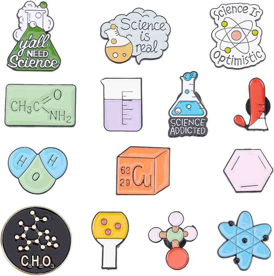 14Pcs 14 Styles Science Brooch Pins School Enamel Pins Bulk Cartoon Cute Chemistry Experiment ...