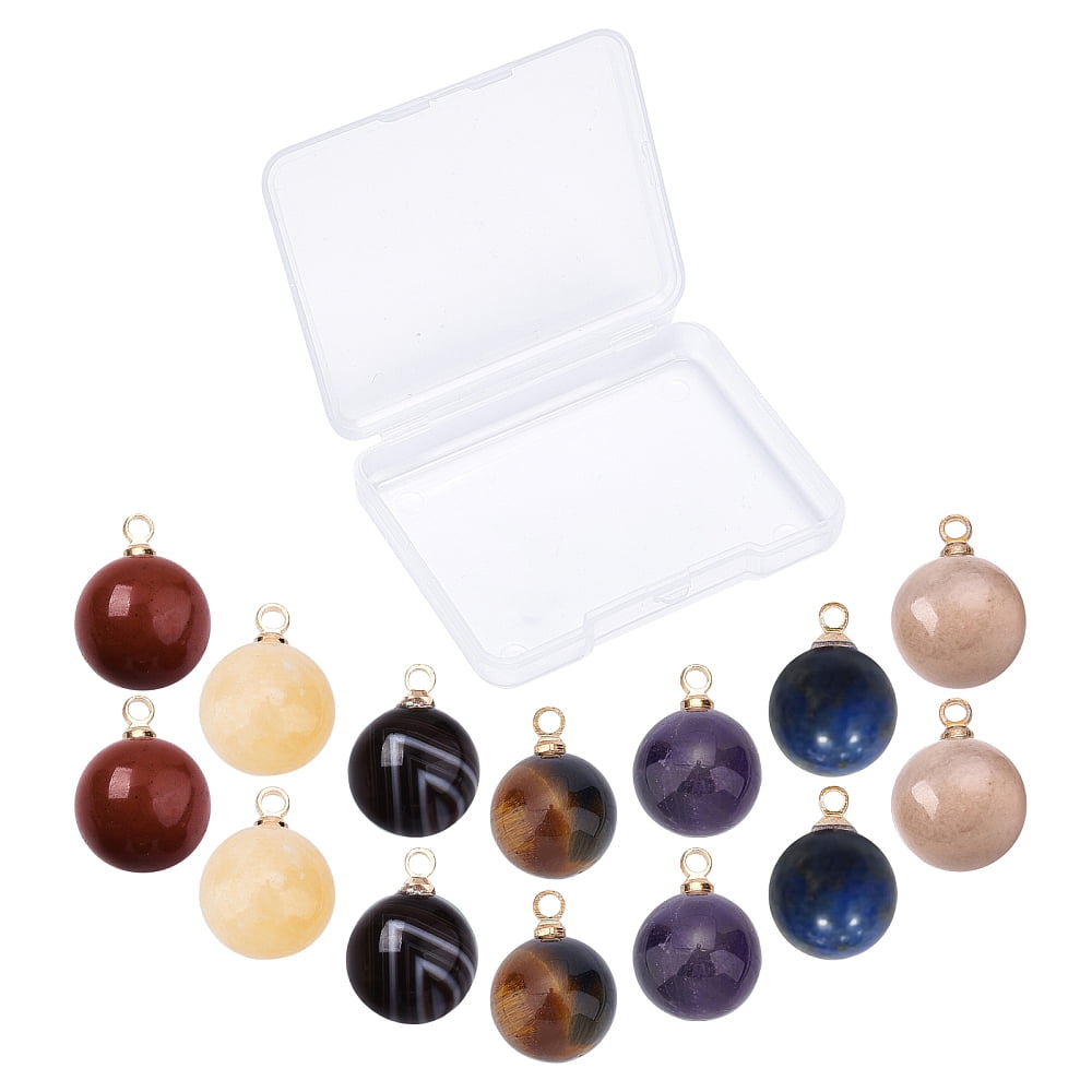 14Pcs 7 Style Natural Gemstone Charms with Golden Brass Loops Round ...