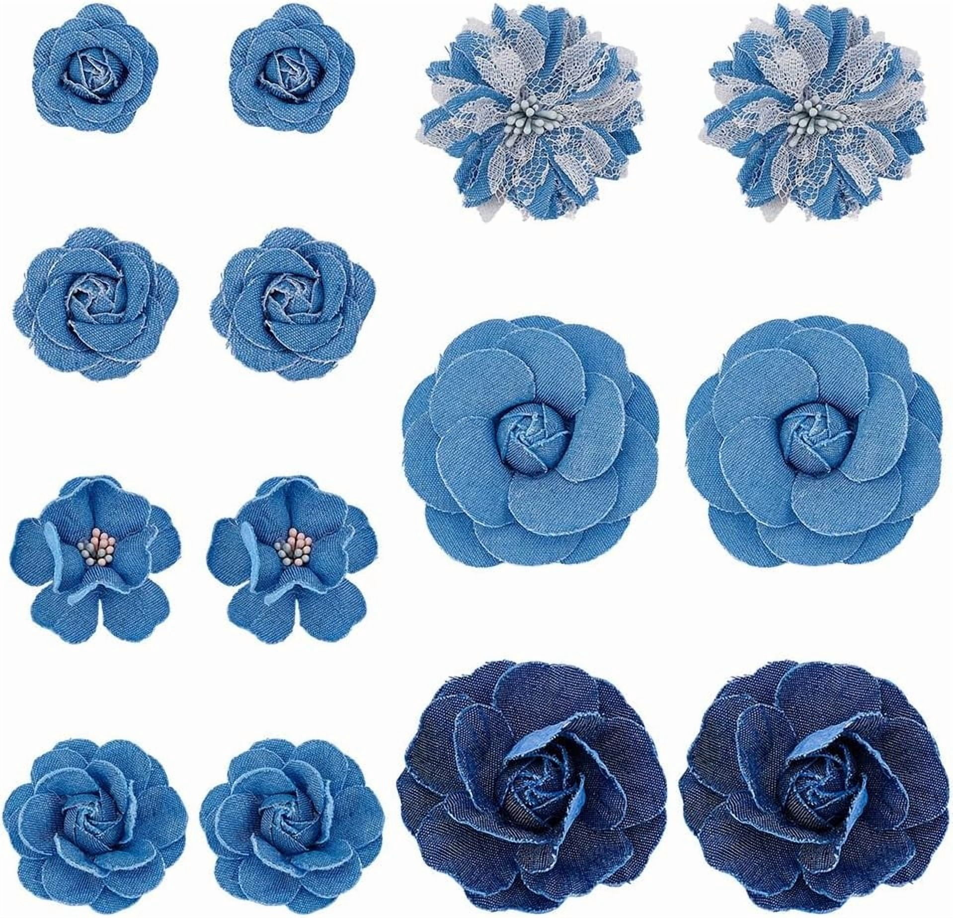 14Pcs 7 Styles Denim Fabric Flower Camelia Sewing Flowers Steel Blue ...