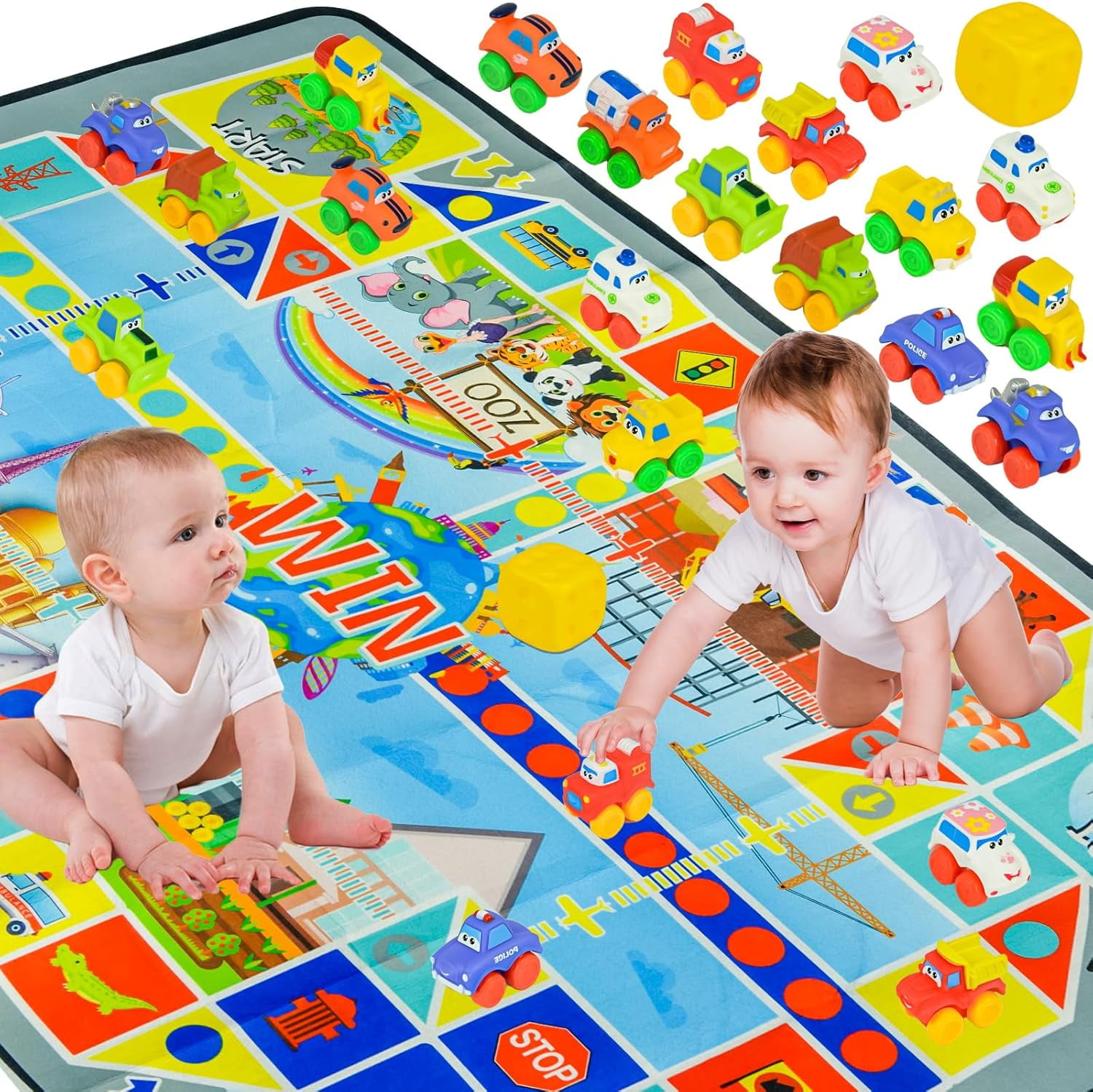 14Pcs Cartoon Cars with Ludo Carpet Playmat Toy Cars for Toddlers 1-3 ...