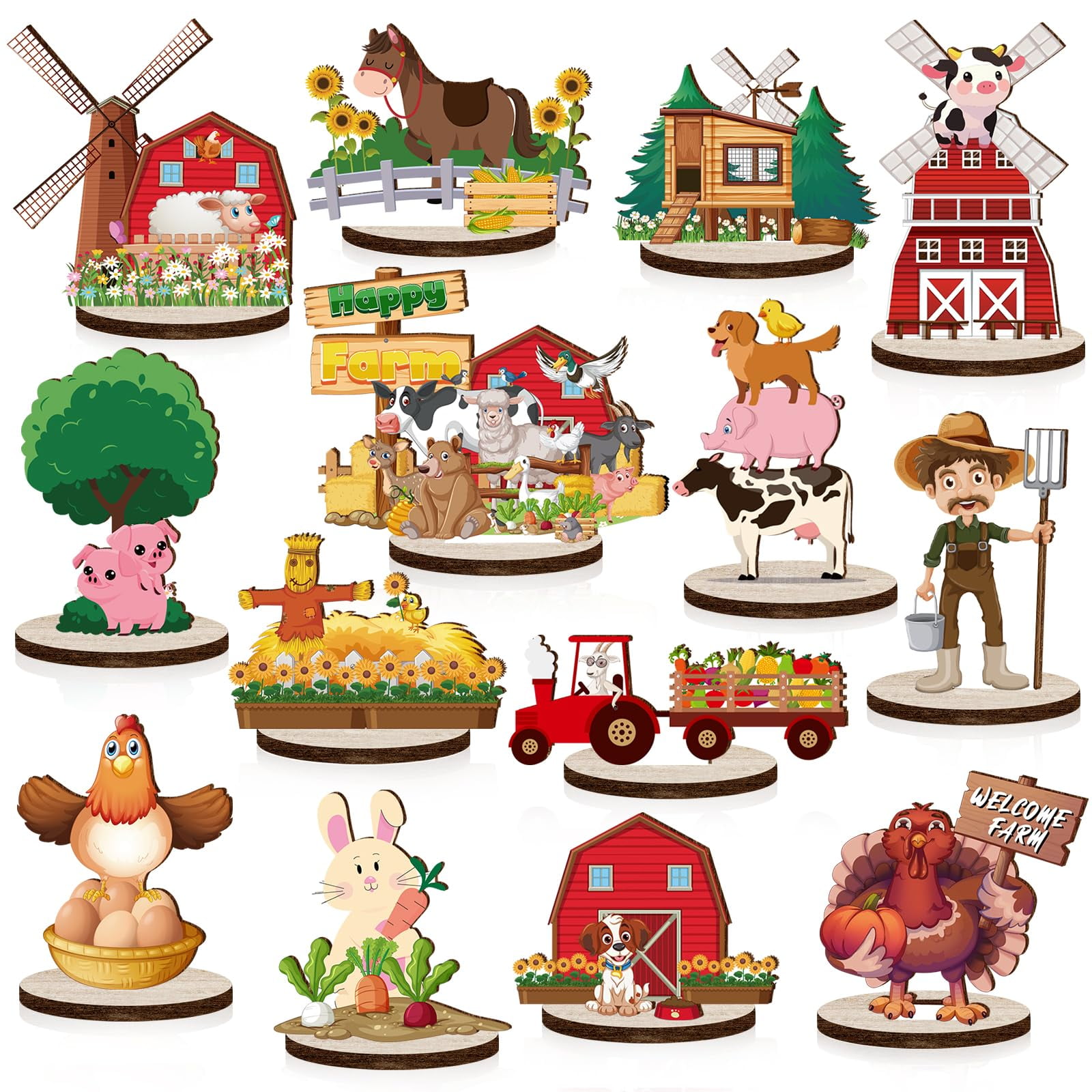 14Pcs Farm Animals Wood STF9 Table Centerpieces Farm Creatures Cutout ...