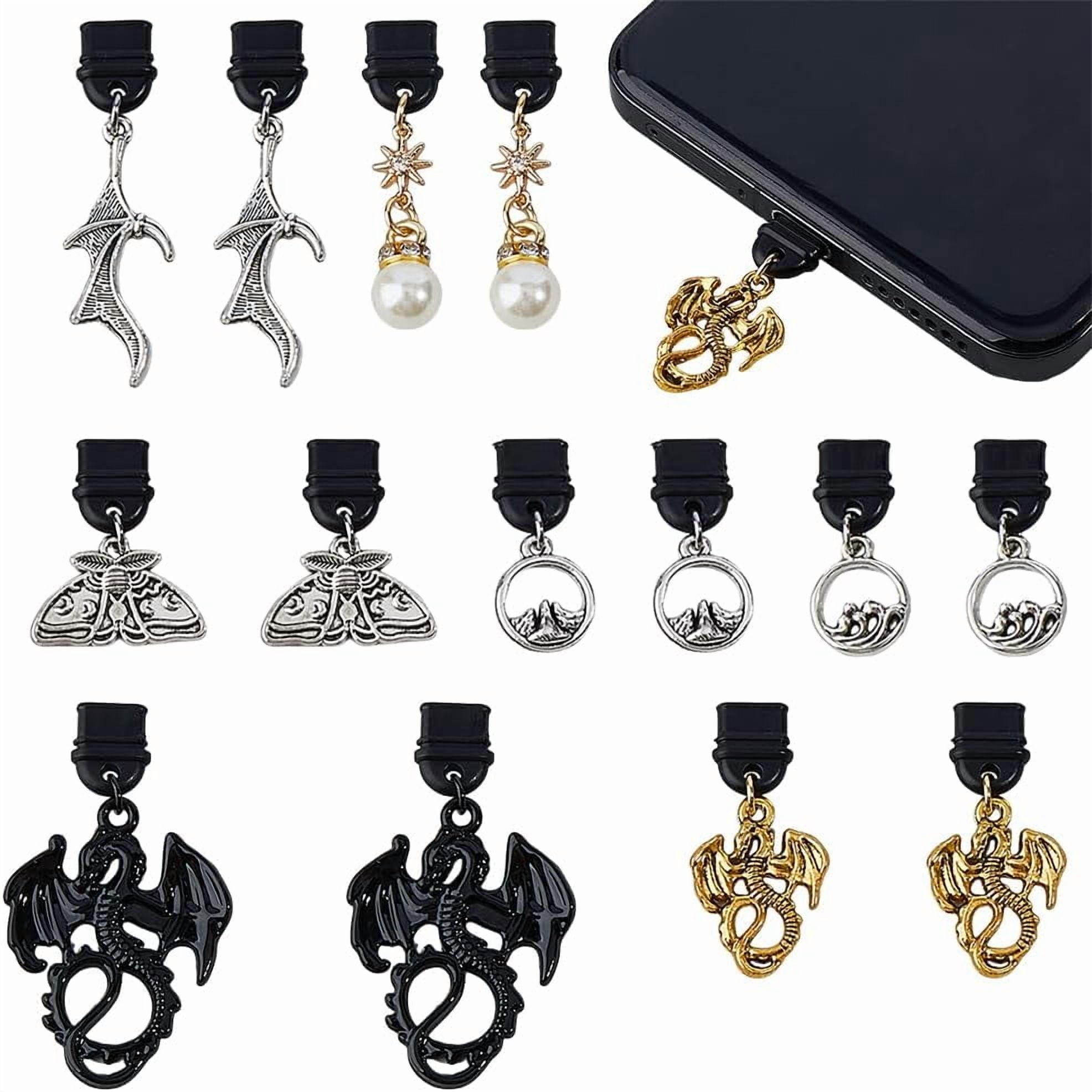 14Pcs Plastic Mobile Dustproof Plugs with Mixed Shape Alloy Pendants ...