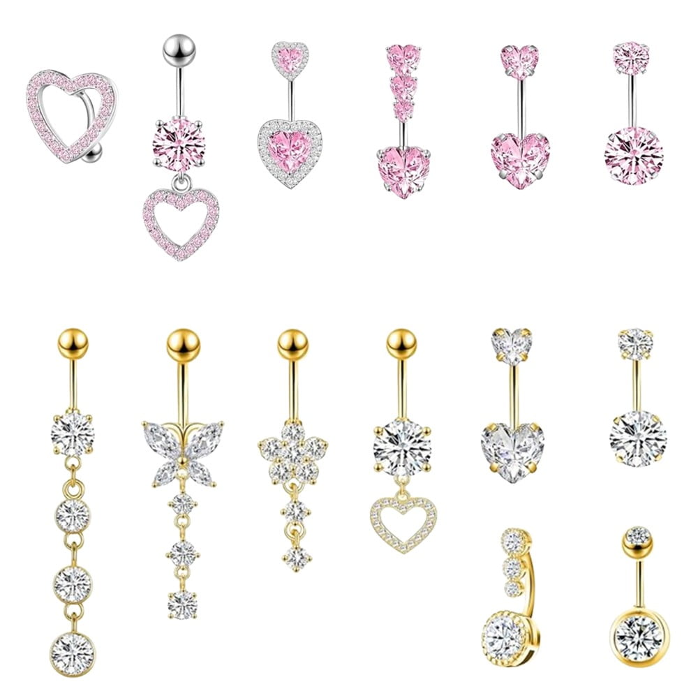 14Pcs Surgical Steel Belly Ring Set - 14G 10mm Baroque Dangle & Heart ...
