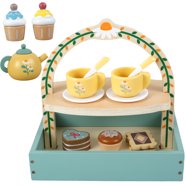 DTOWER Wooden Tea Set, 28 Pieces, Cupcake Stand, Food Pretend Play Toy ...