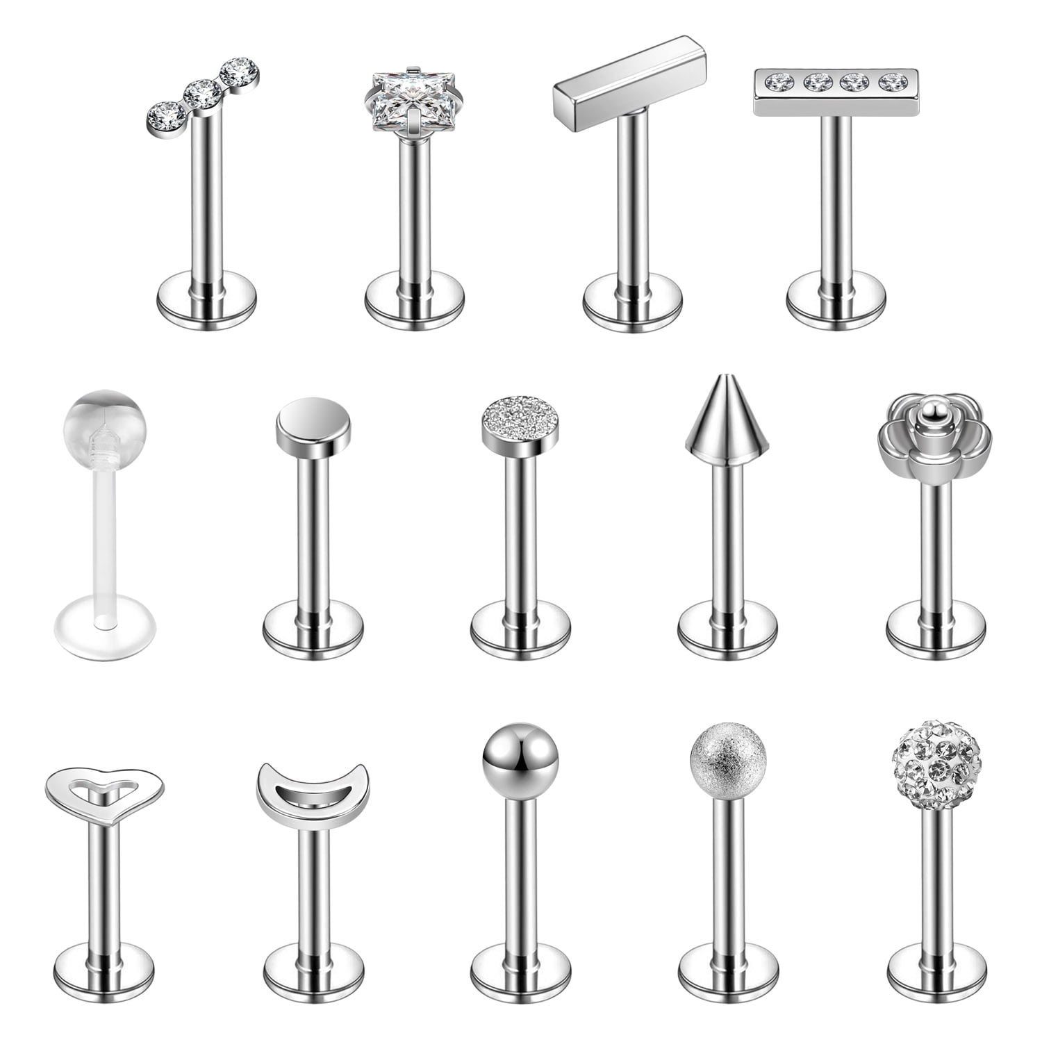 14Pcs/set 16G Frosted Ball Flat Labret Lip Studs Crystal Monroe Medusa ...
