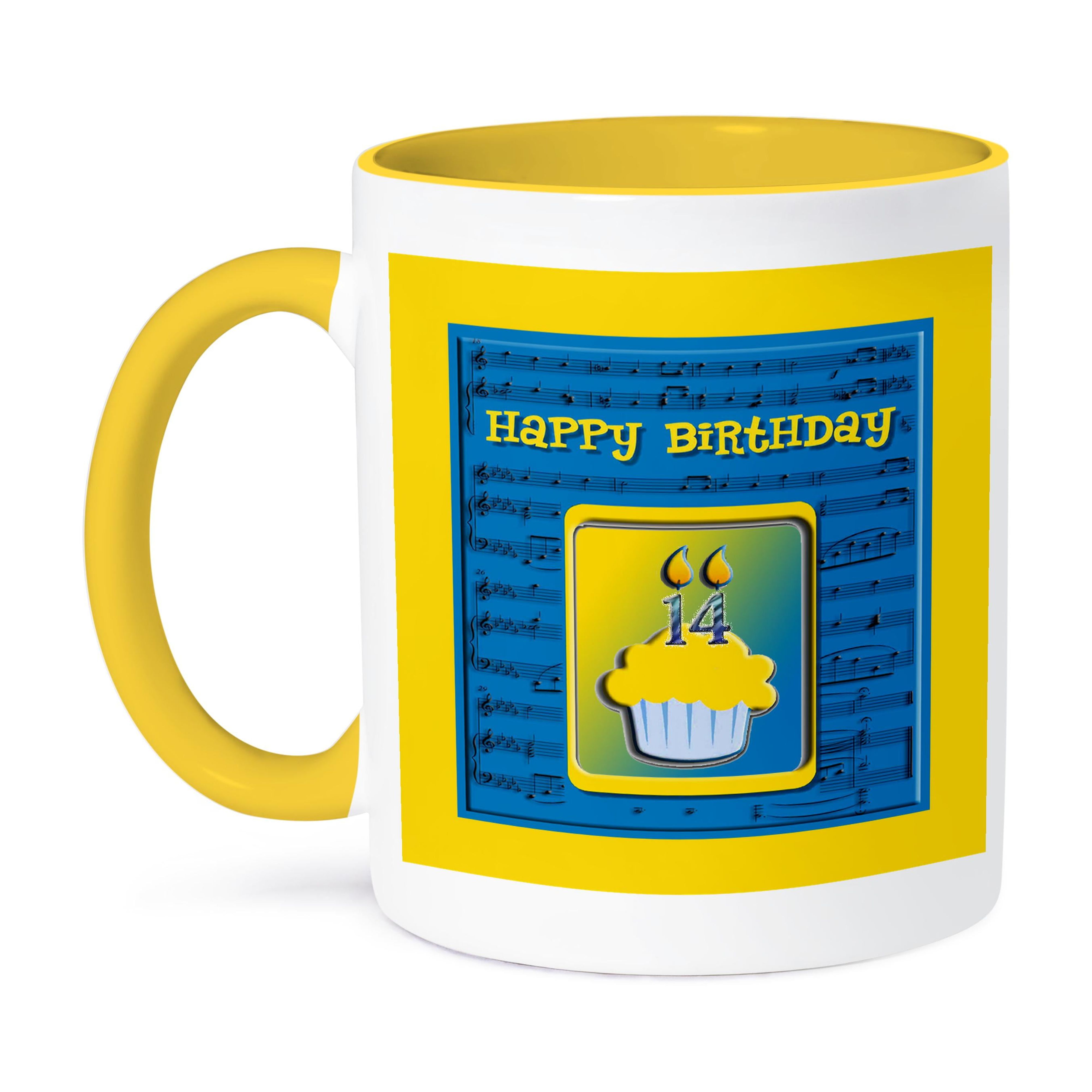 14Th Birthday Cupcake On Music Notes, Blue And Yellow, 15oz Two-Tone ...