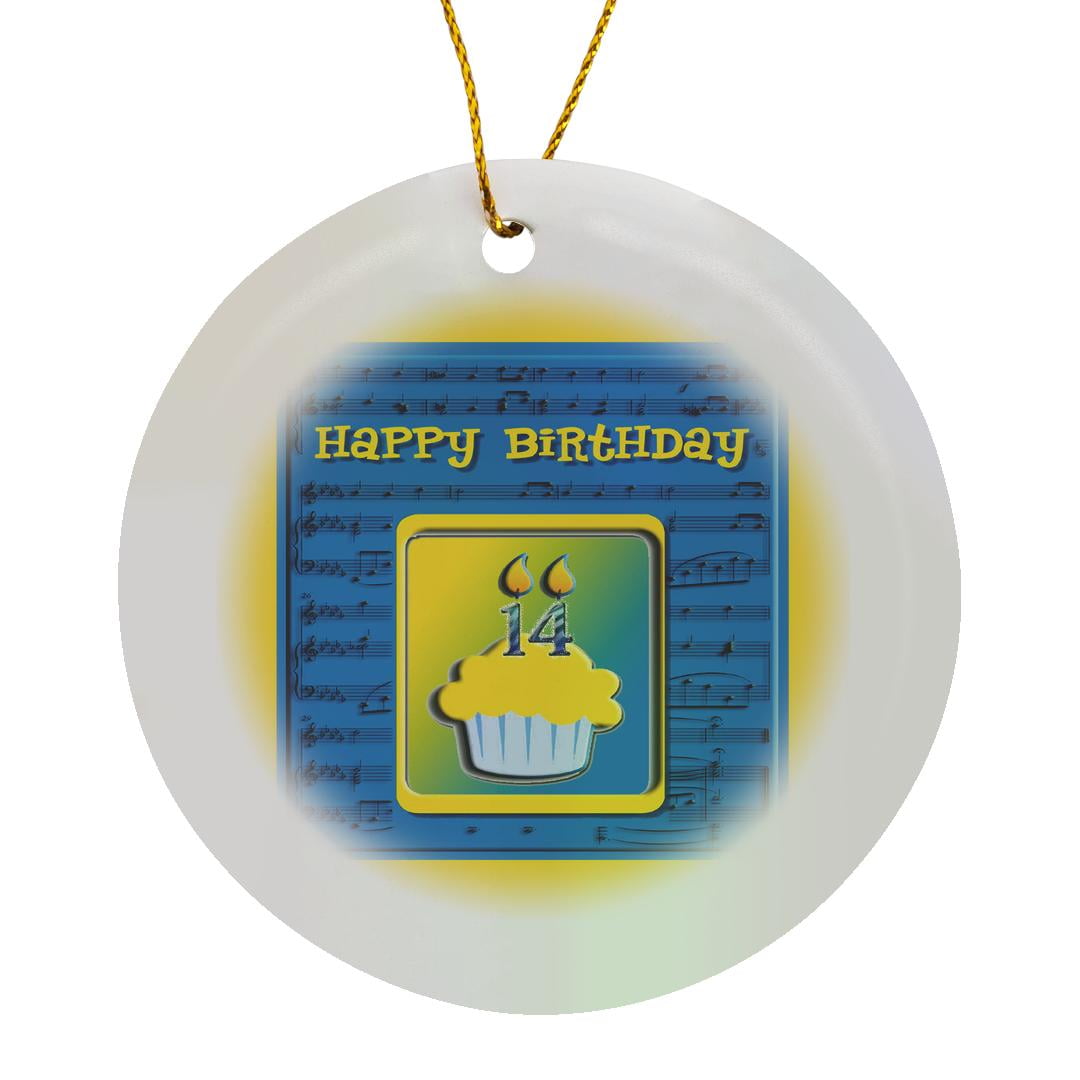 3drose, 14th Birthday Cupcake on Music Notes, Blue and Yellow, Circle ...