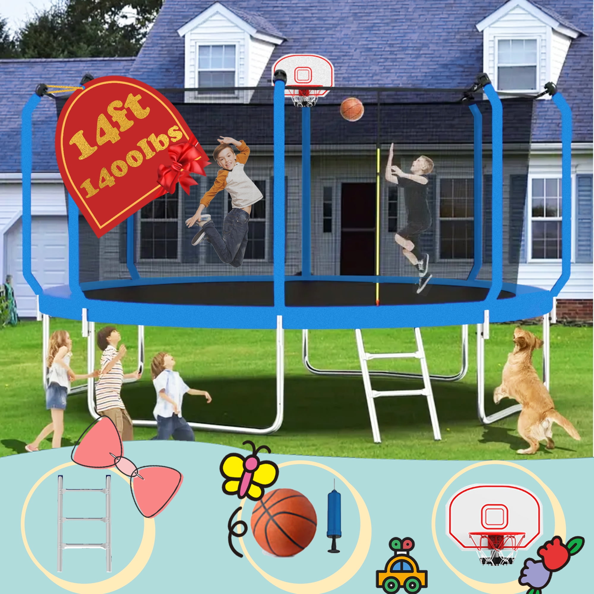 14ft Trampoline for Kids & Adults, UIOWIO 1400lbs Outdoor Trampolines ...