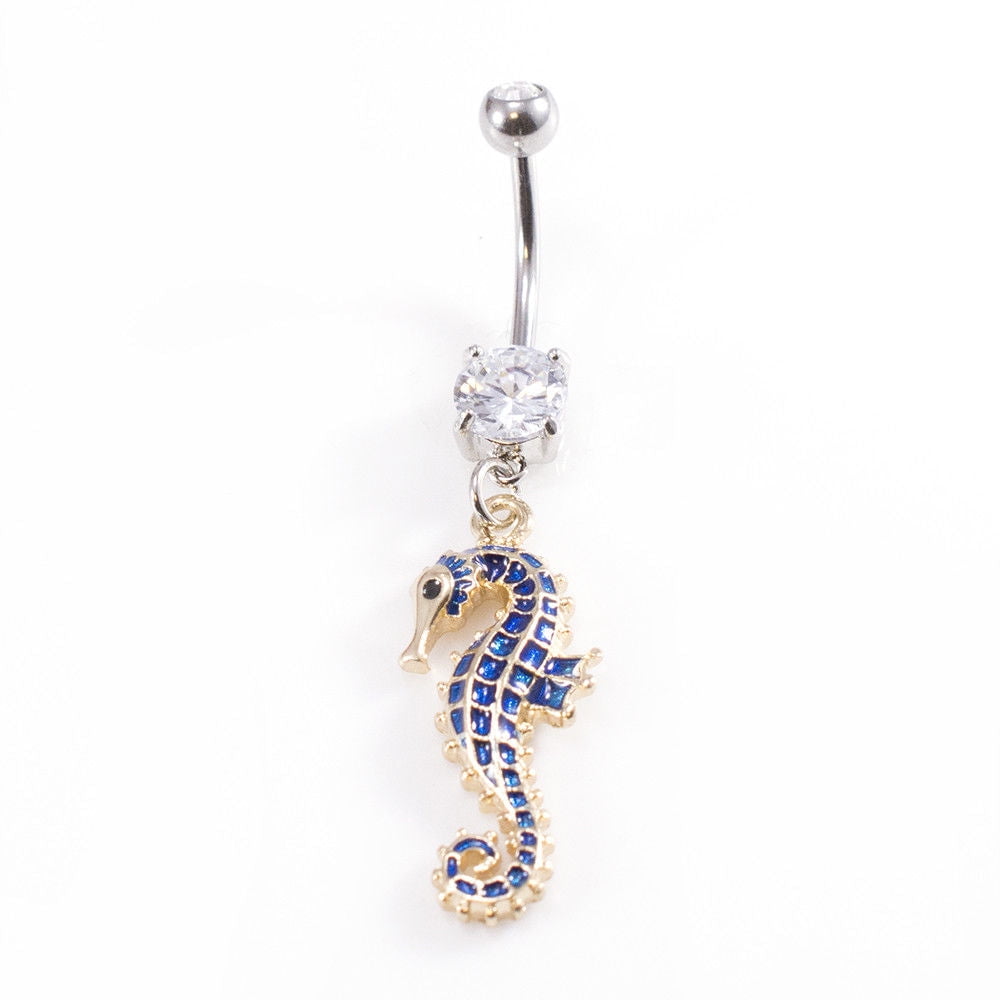 14g-7/16"(11mm) Belly Navel Ring with Blue and Gold Seahorse Dangle ...