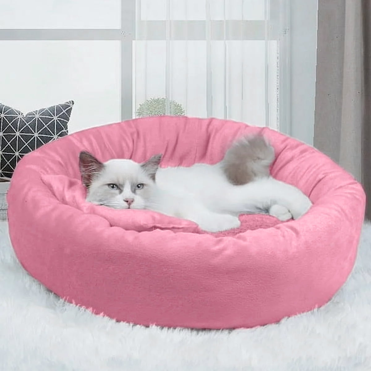 14in Round Cat Beds for Indoor Cats Small Dog Bed with Pillow, Washable ...