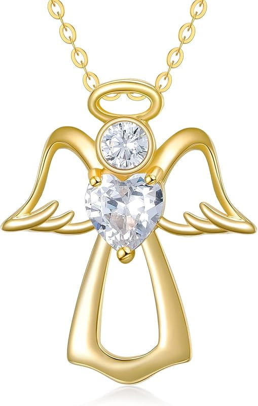 14k/18k Yellow Gold Guardian Angel Necklace Heart Crystal Angel Wings ...