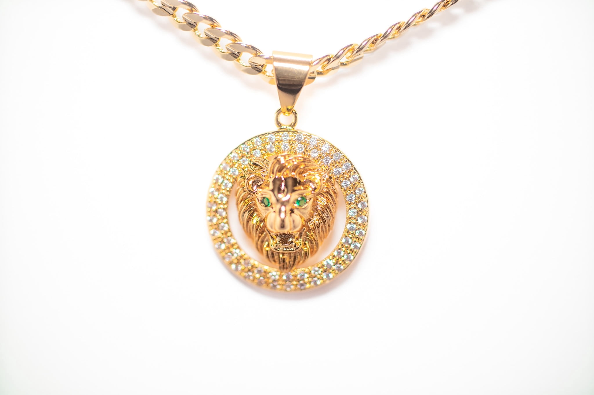 14k Bonded Gold Cuban Chain with Circle Lion Pendant, Best Unisex ...