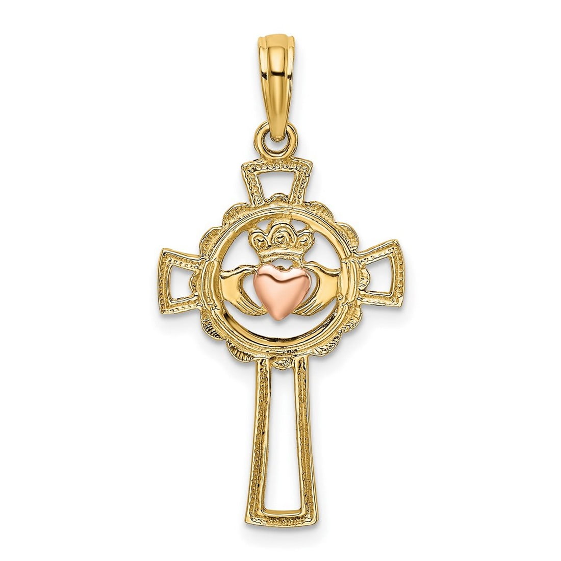 14k Gold 15mm Religious Faith Cross With Irish Claddagh Celtic Trinity ...