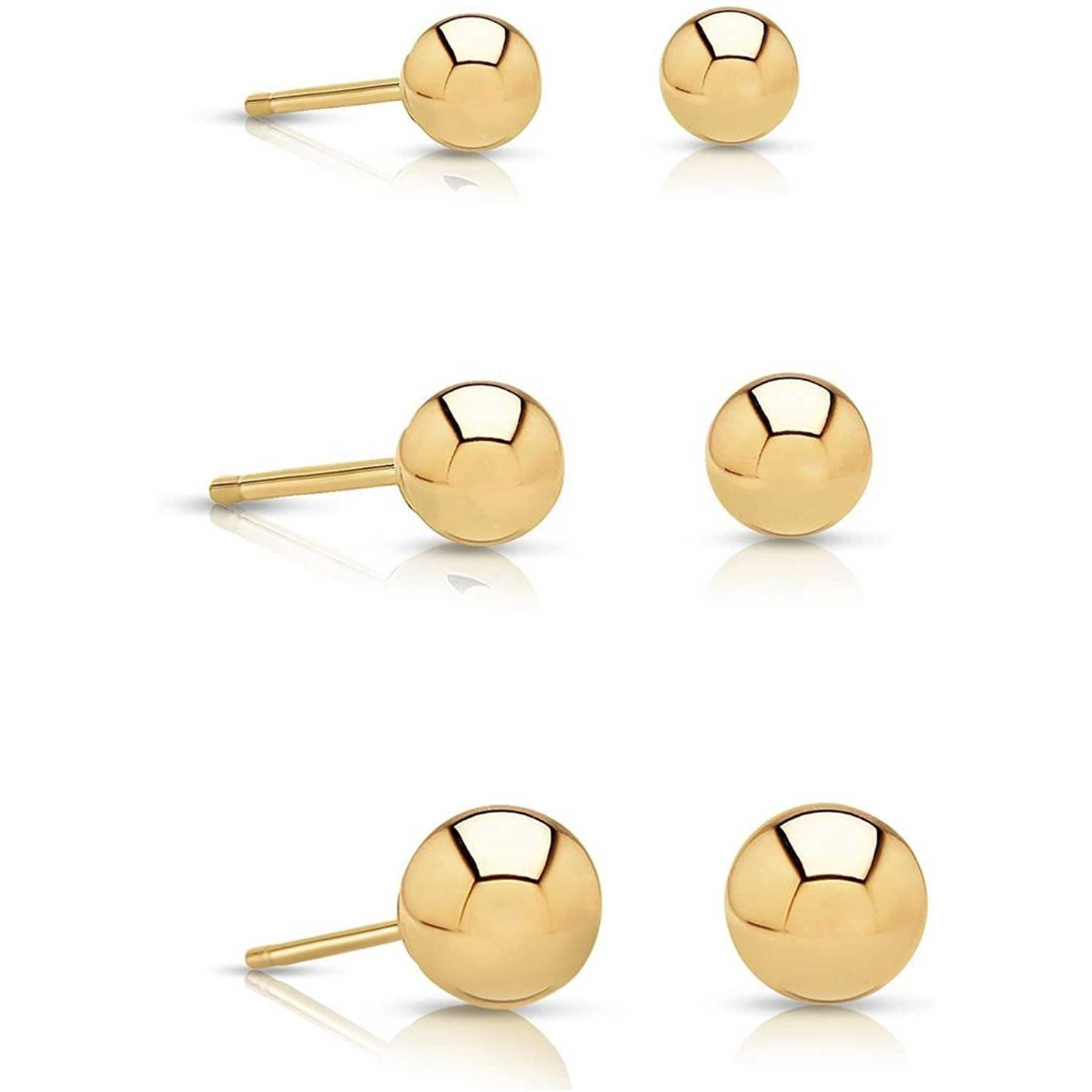 14k Yellow Gold Ball Stud Earrings Set, 3 Pairs in 3mm, 4mm, 5mm Sizes ...