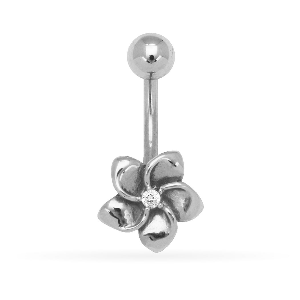14k Gold CZ Plumeria Flower Curved Barbell Belly Button Navel Ring (8mm ...