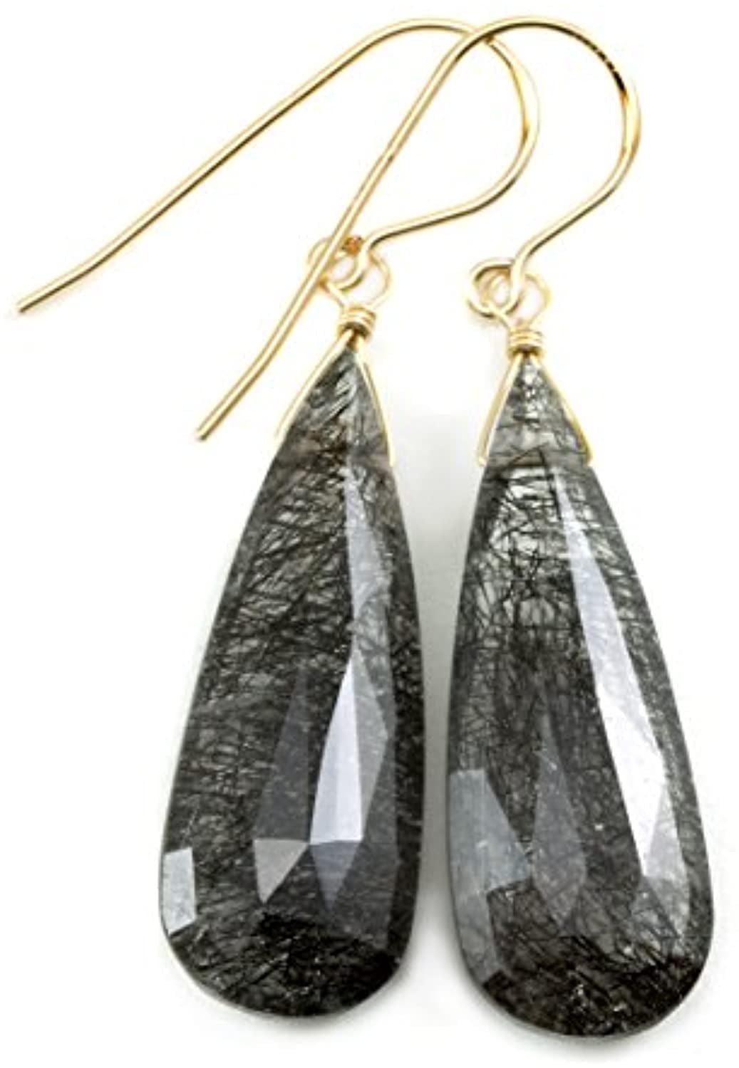 14k Gold Filled Rutile Quartz Earrings Black Rutilated Long Faceted ...