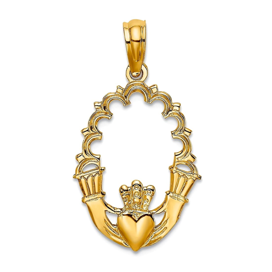 14k Gold Irish Claddagh Celtic Trinity Knot In Oval With Lace Trim High Polish and Engraved ...