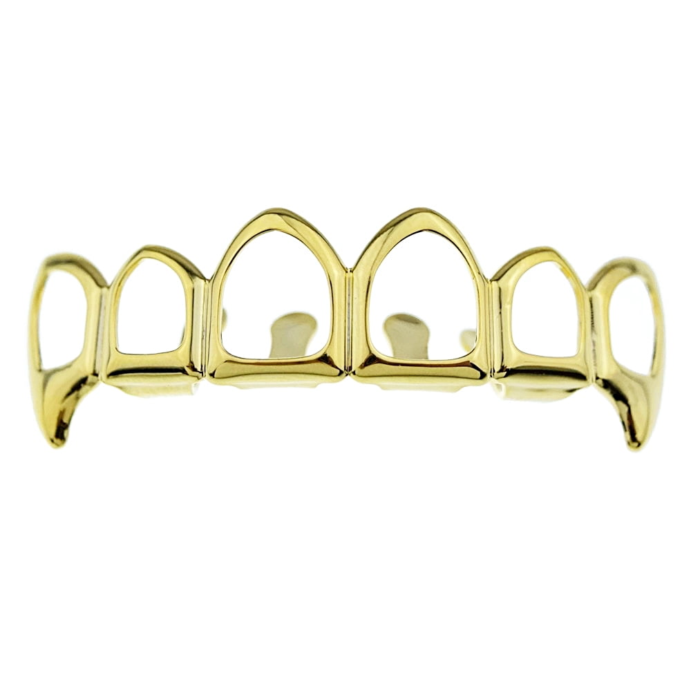 14k Gold Plated 6 Open Face Fang Grillz Six Tooth Top Row Upper Teeth ...