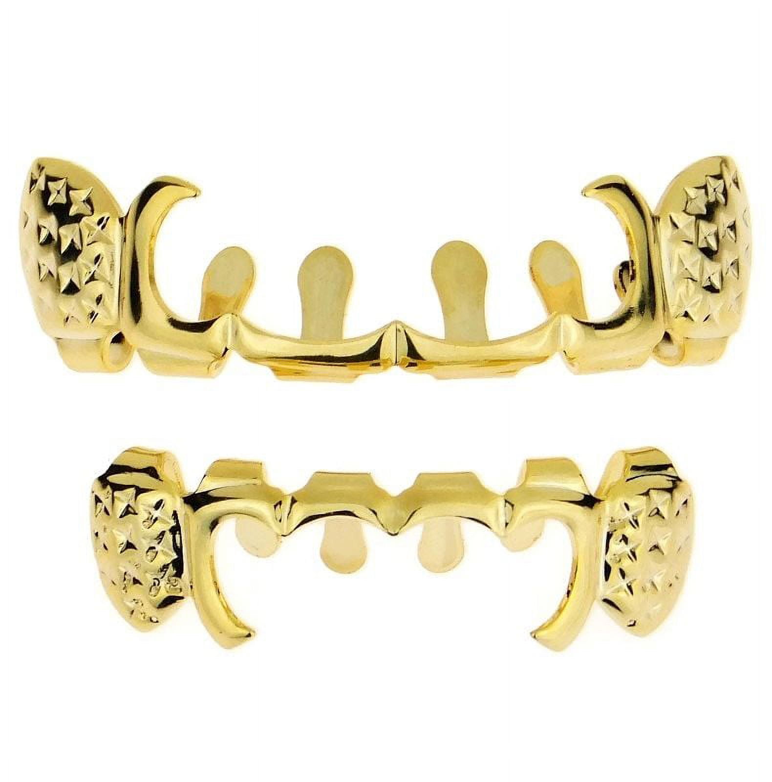 14k Gold Plated Grillz Set 4-Open Curved Notched Design Premade Teeth ...