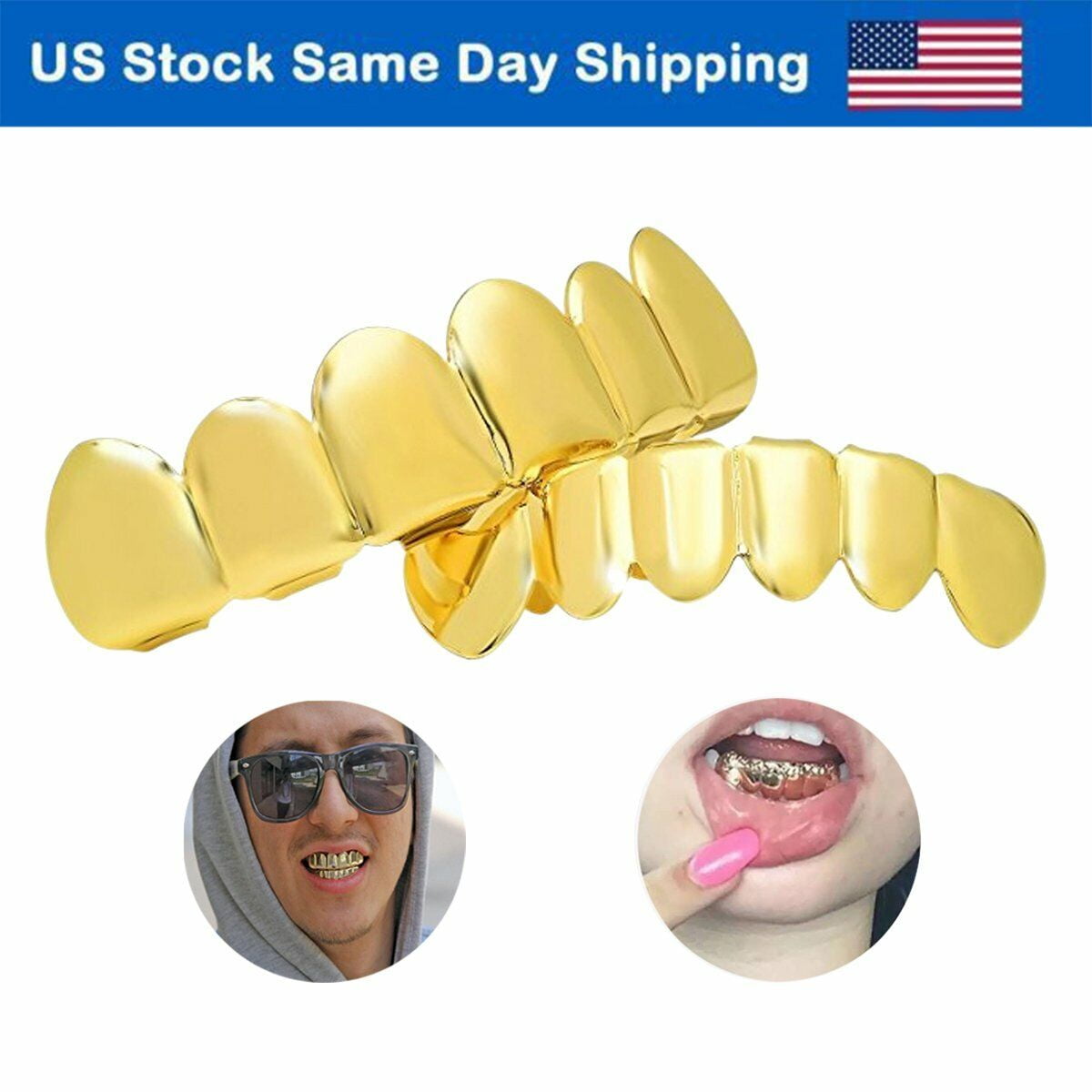 14k Gold Plated Hip Hop Teeth New Custom Grillz Caps Top & Bottom Grill ...
