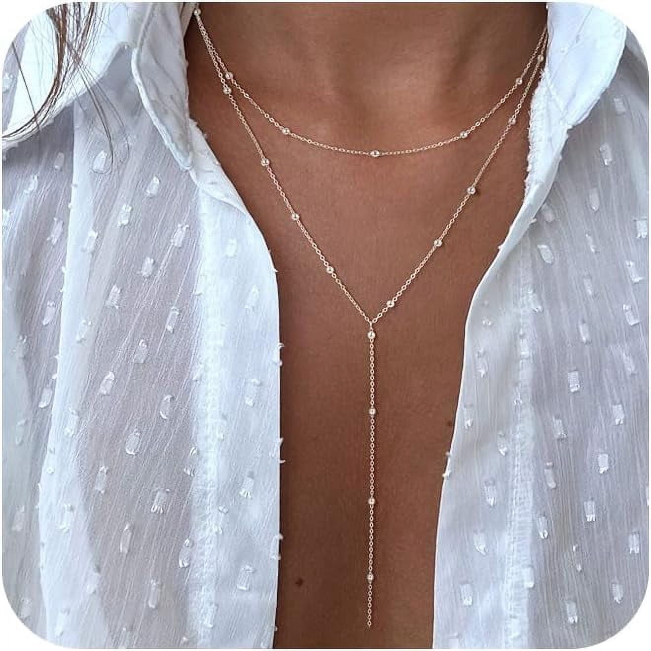 14k Gold Plated/Silver Dainty Lariat Necklace for Women, Layered Long ...
