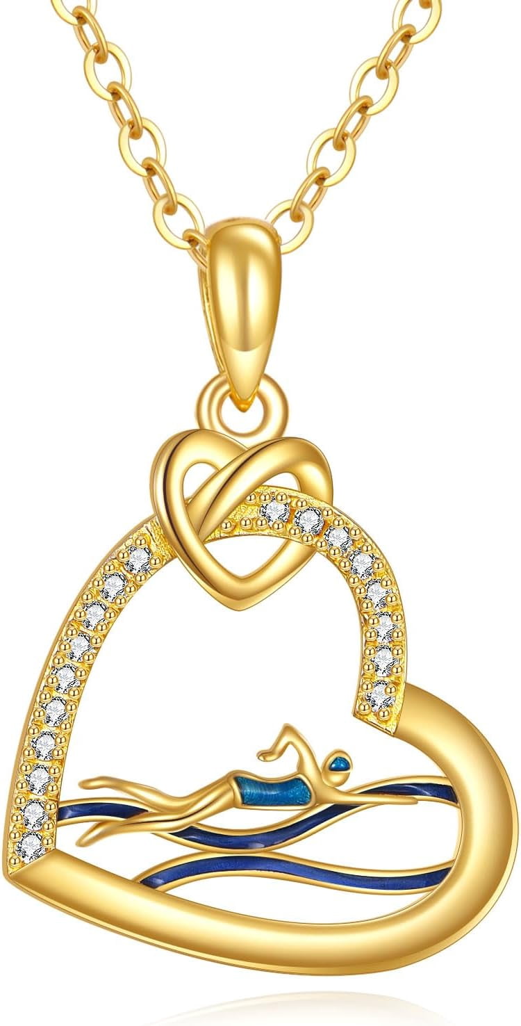 14k Gold Swimming Necklace Solid Gold Heart Swimmer Necklace Just Keep ...