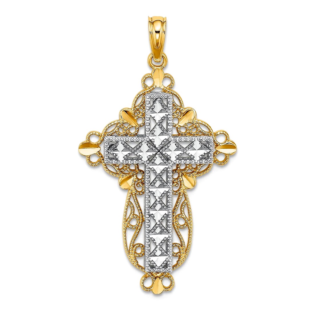 14k Gold White Block Sparkle Cut Religious Faith Cross Yellow Filigree ...