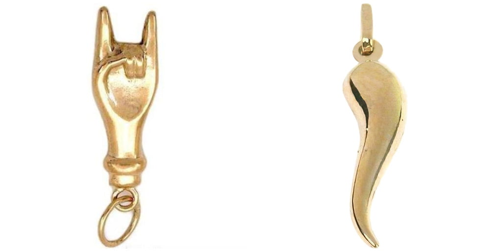 14k Good Luck Hand Sign Language Charm & 1 14K Yellow Gold Italian Horn ...