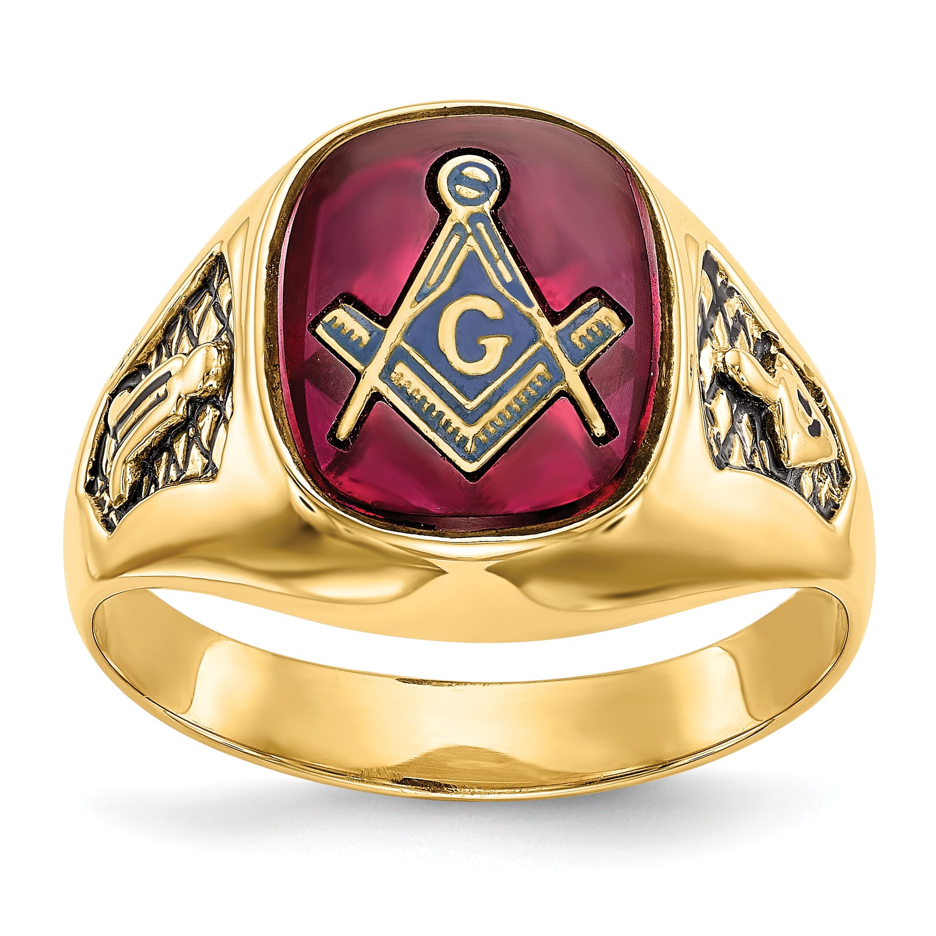 14k Men's Synthetic Ruby Masonic Ring in 14k Yellow Gold - Size 10 ...