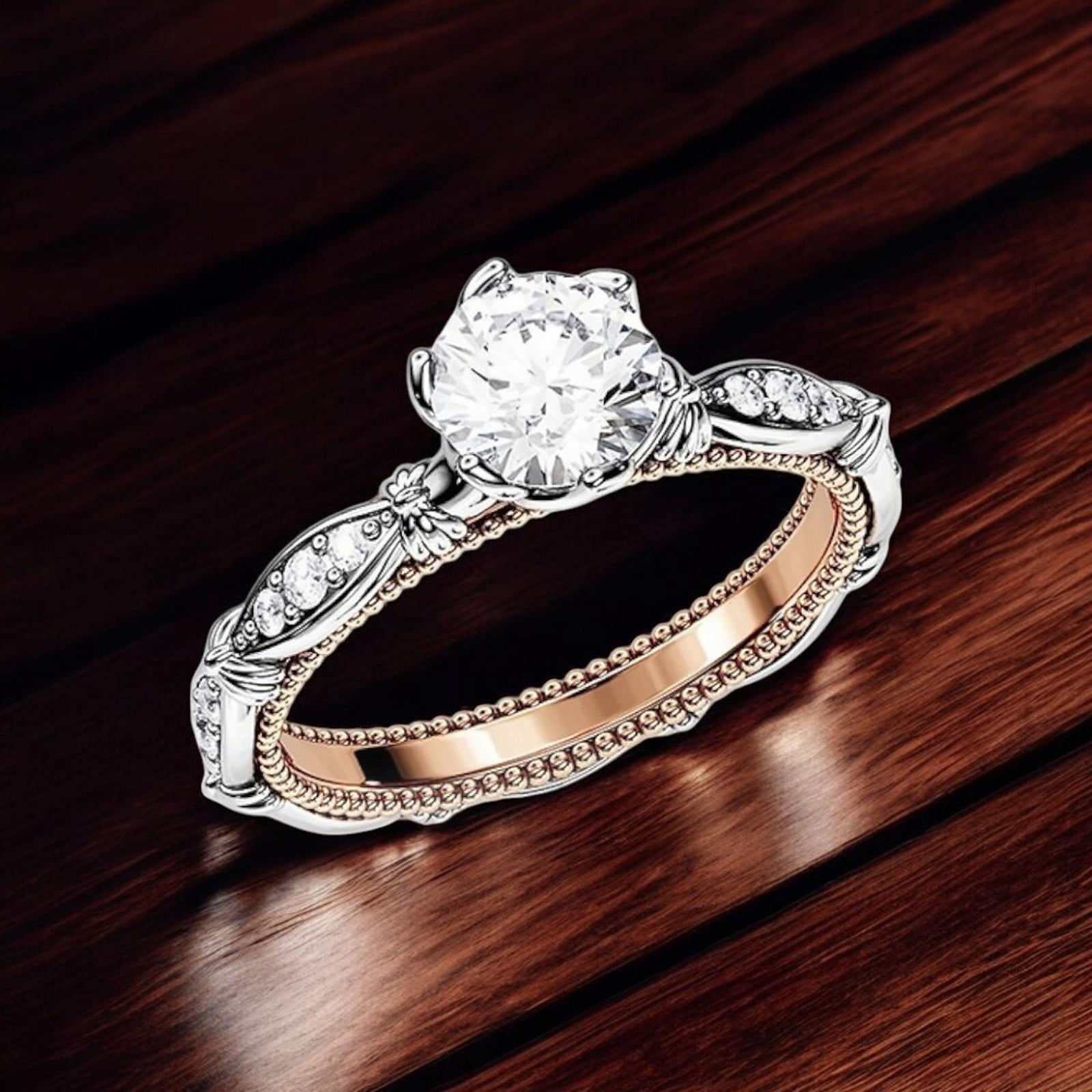 14k Multi Tone Gold Round Diamond Ring IGI Certified Lab Grown 1.20 Ct ...