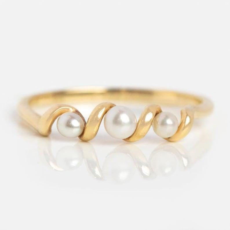 14k Pearl Ring, Solid Gold pLATED Dainty Engagement Ring for Women ...