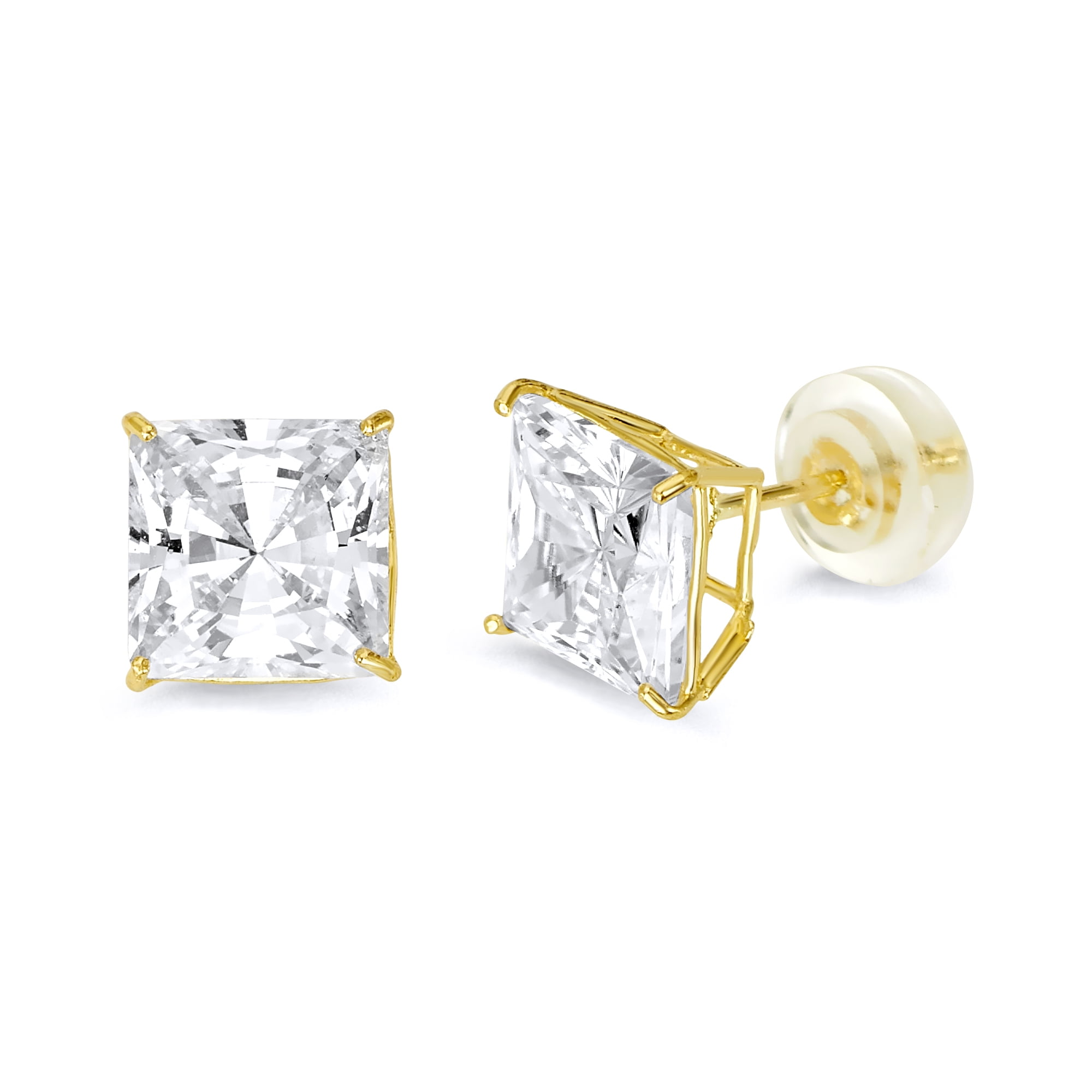 14k REAL Yellow Gold 7mm Princess Square Solitaire Basket Set Stud ...